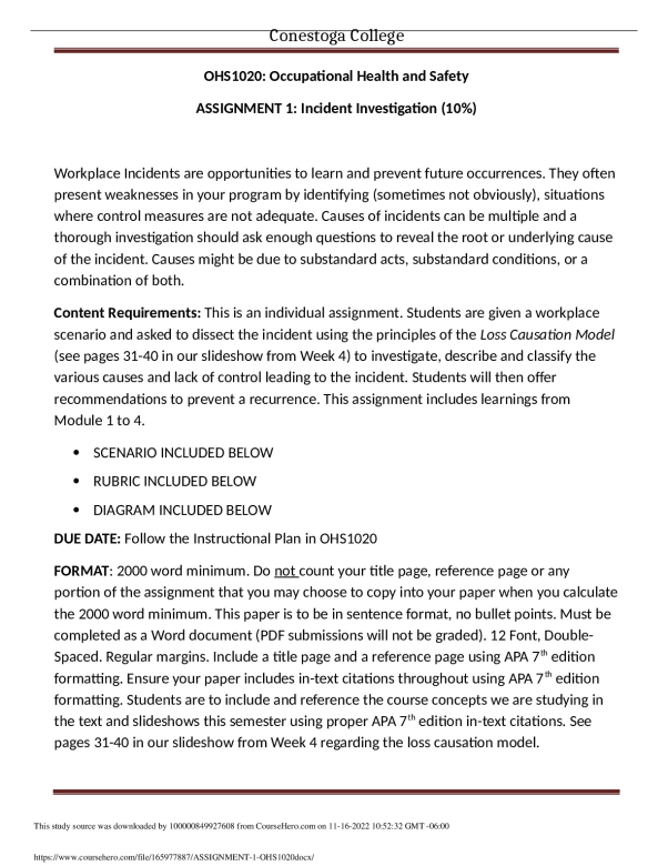 OHS1020: Occupational Health and Safety ASSIGNMENT 1: Incident ...