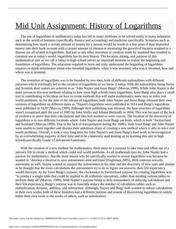Mid Unit Assignment History of Logarithmsl Virtual Highh School SCH 4U