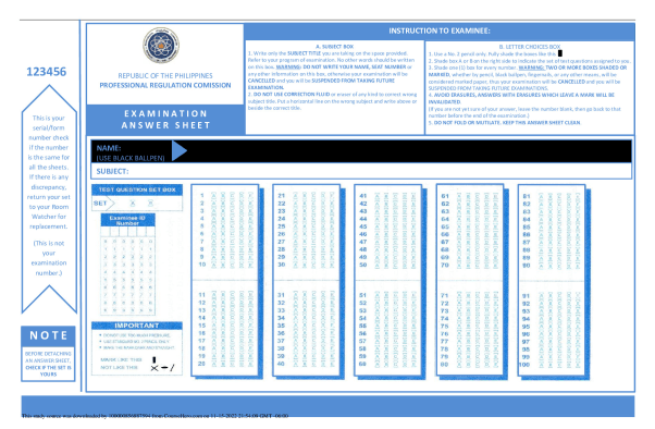 SAMPLE LET ANSWER SHEET University of Southeastern Philippines BSGE 116