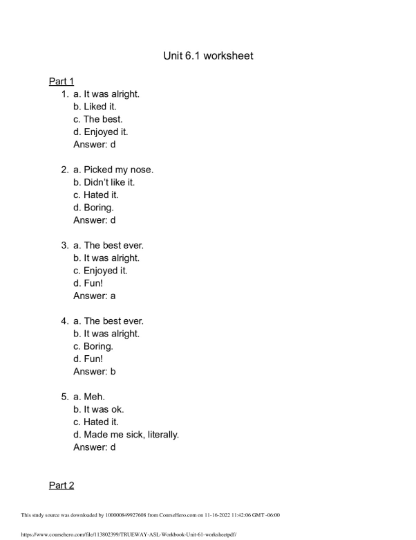 ASL MISC TRUE+WAY ASL Workbook Unit 6.1 worksheet