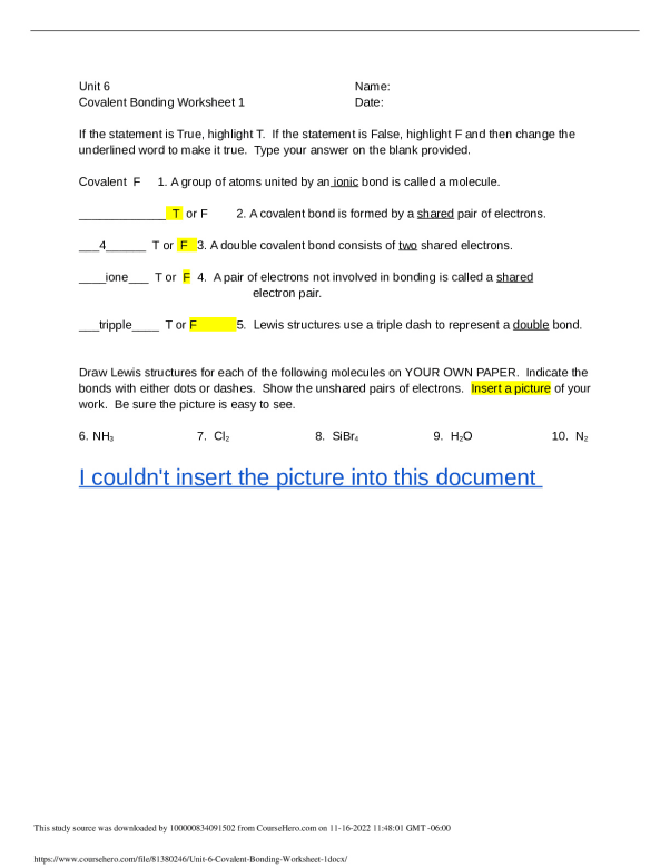 Unit 6 Covalent Bonding Worksheet 1 Midlothian High CHEMISTRY 1349646