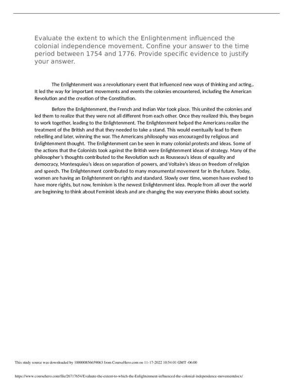 Evaluate the extent to which the Enlightenment influenced the colonial ...