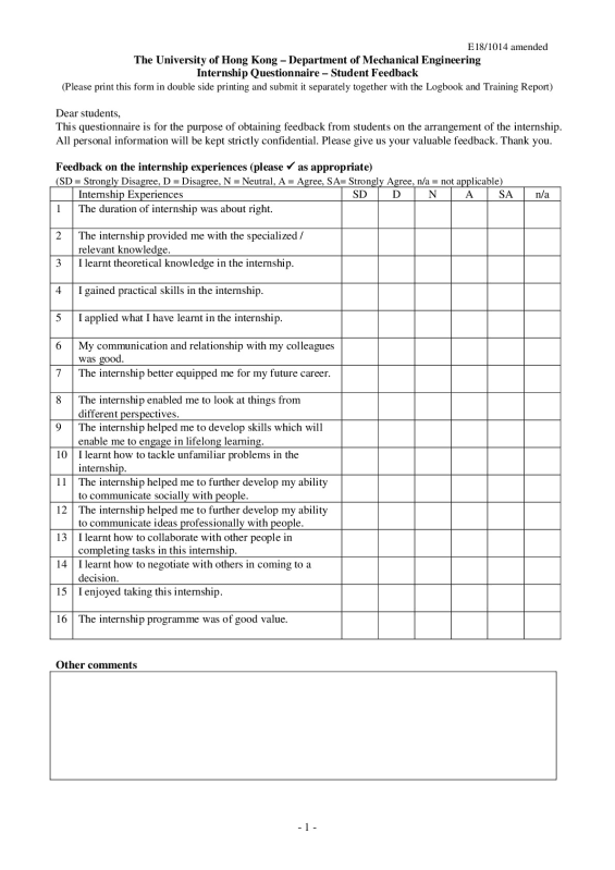 Internship Questionnaire (Student Feedback) (2017) Hong Kong ...