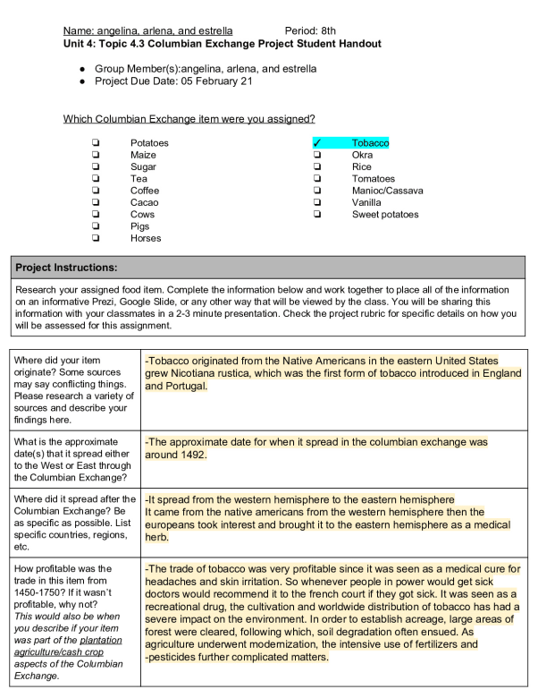 Unit 4_ Columbian Exchange Project Student Handout - 2019 Lincoln High ...