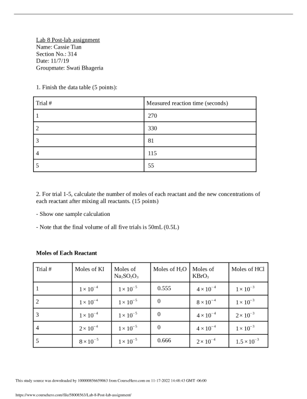 Lab 8 Post-lab assignment University of Michigan CHEM 125