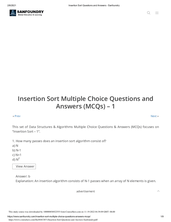 Insertion Sort Questions and Answers - Sanfoundry Ethiopian Civil ...