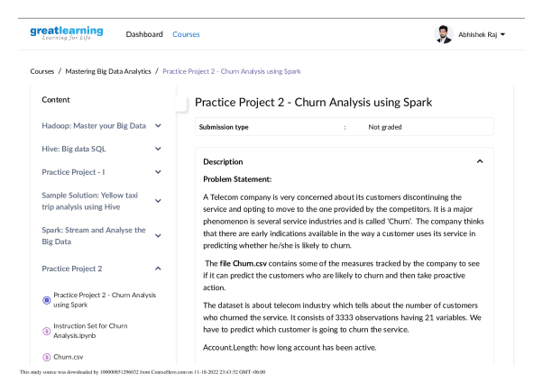 Practice Project 2 - Churn Analysis using Spark_ Mastering Big Data AnalyticsS National ...