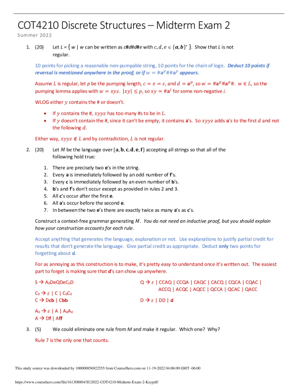 SU2022 COT4210 Midterm Exam 2 Key University of Central Florida COT 4210