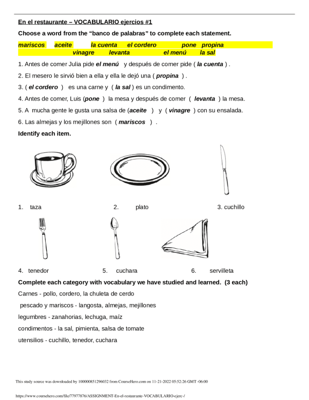 ASSIGNMENT__En_el_restaurante_-_VOCABULARIO_ejerc_- John B. Connally ...