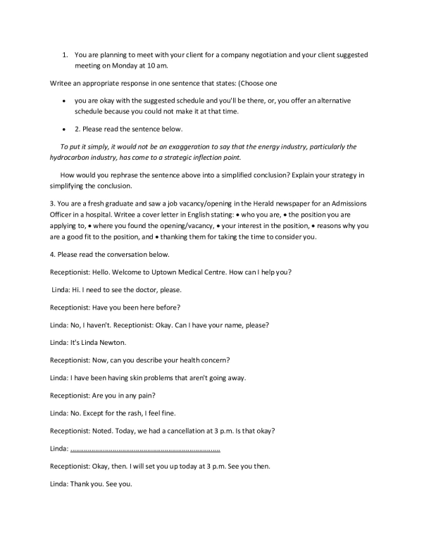 ENGLISH 101 You are planning to meet with your client for a company ...