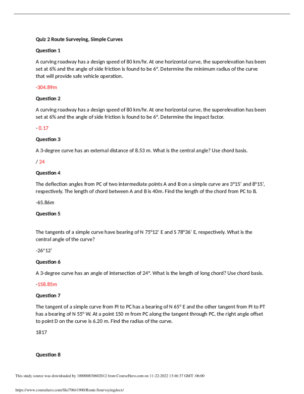 CE 120 Quiz 2 Route Surveying, Simple Curves