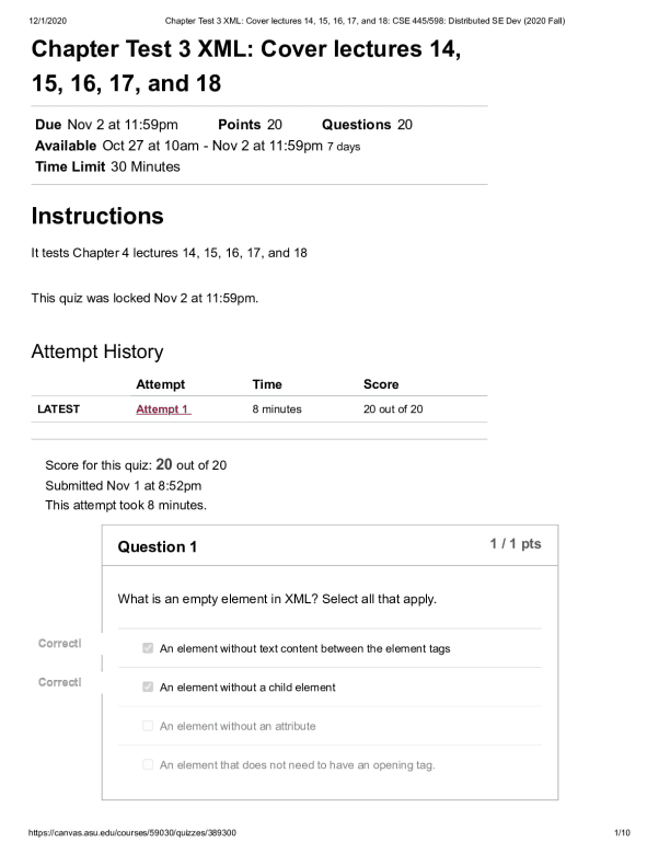 Arizona State University CSE 445 Chapter Test 3 XML: Cover lectures 14 ...