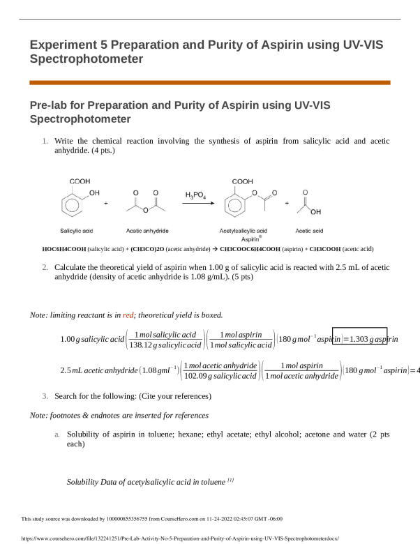 Pre-Lab Activity No. 5 Preparation and Purity of Aspirin using UV-VIS ...