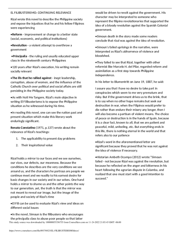 EL FILIBUSTERISMO Bulacan State University, Malolos CSSP 1001