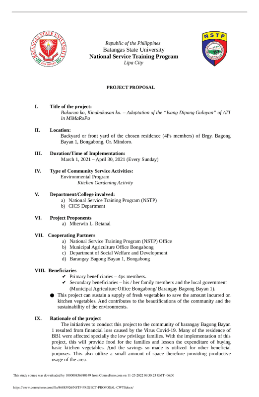 NSTP PROJECT PROPOSAL CWTS Batangas State University SOC 121