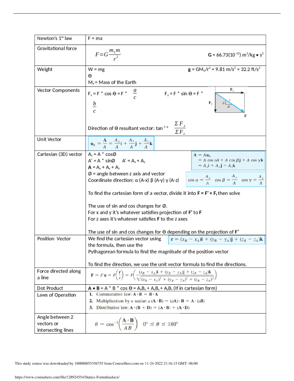 Statics Formulas University of Ontario Institute of Technology MECE 2230U