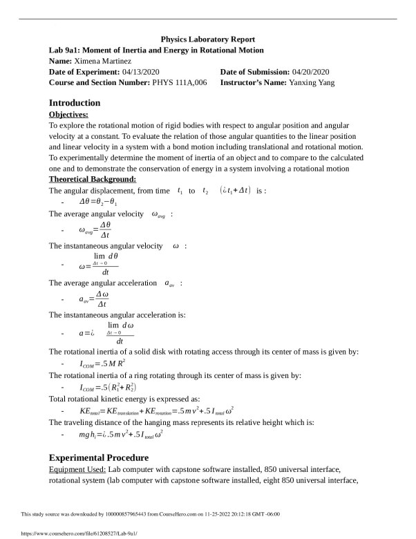 PHYS 111A Physics Laboratory Report Moment of Inertia and Energy in Rotational Motion