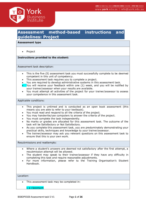 Assessment method-based instructions and guidelines: Project