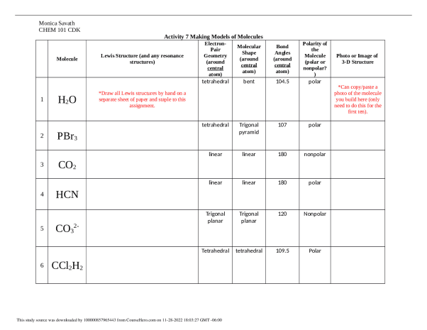CHEM 101 1 Activity7Making Models of Molecules