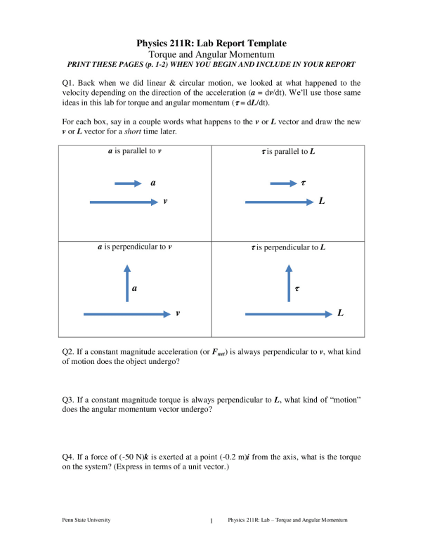 Lab 9 Torque and Angular Momentum Pennsylvania State University PHYSICS ...