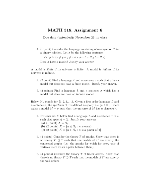 MATH 318, Assignment 6Due date (extended): November 23, in class