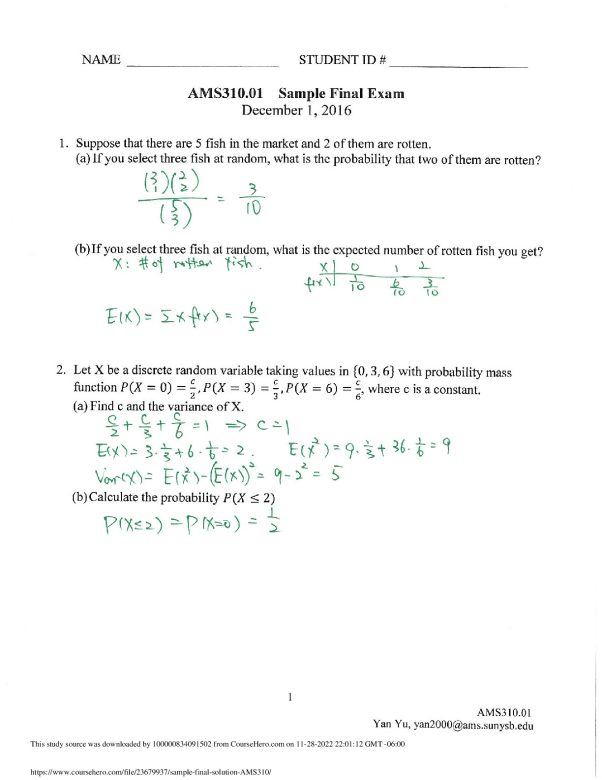 sample_final_solution_AMS310 Stony Brook University AMS 310
