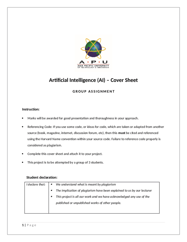 Introduction to Artificial Intelligence (CT017-3-1-IAI) IAI ASSIGNMENTAsia Pacific University of ...