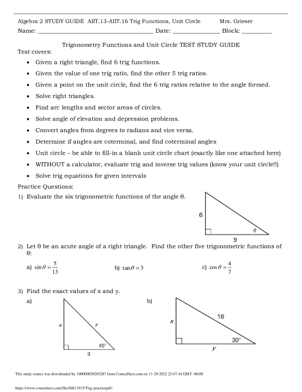 Trig practice Anderson High School, Texas MATH TRIGONOMET