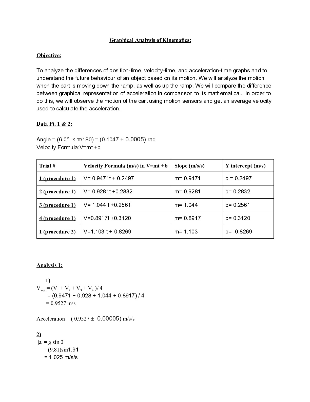 Ryerson University PCS 211 PCS211 LAB 2 Report Graphical Analysis of Kinematics: