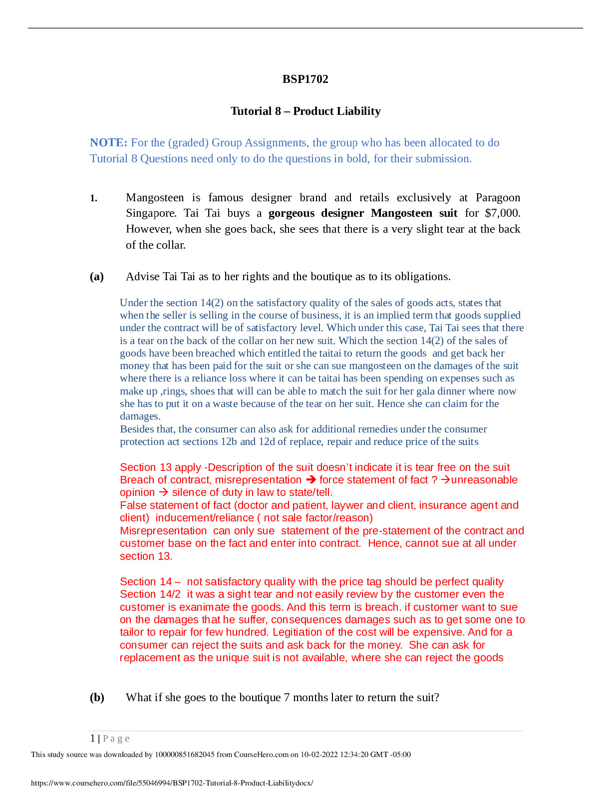 BSP1702 - Tutorial 8 - Product Liability. Temasek Polytechnic ENGLISH NIL