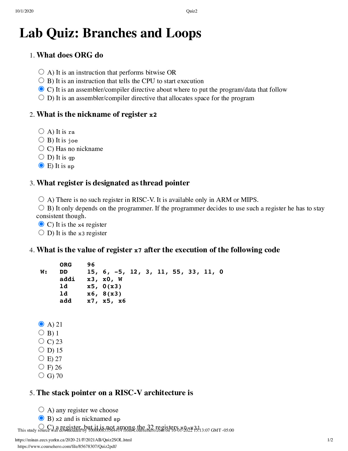 York University EECS 2021. Lab Quiz: Branches and Loops