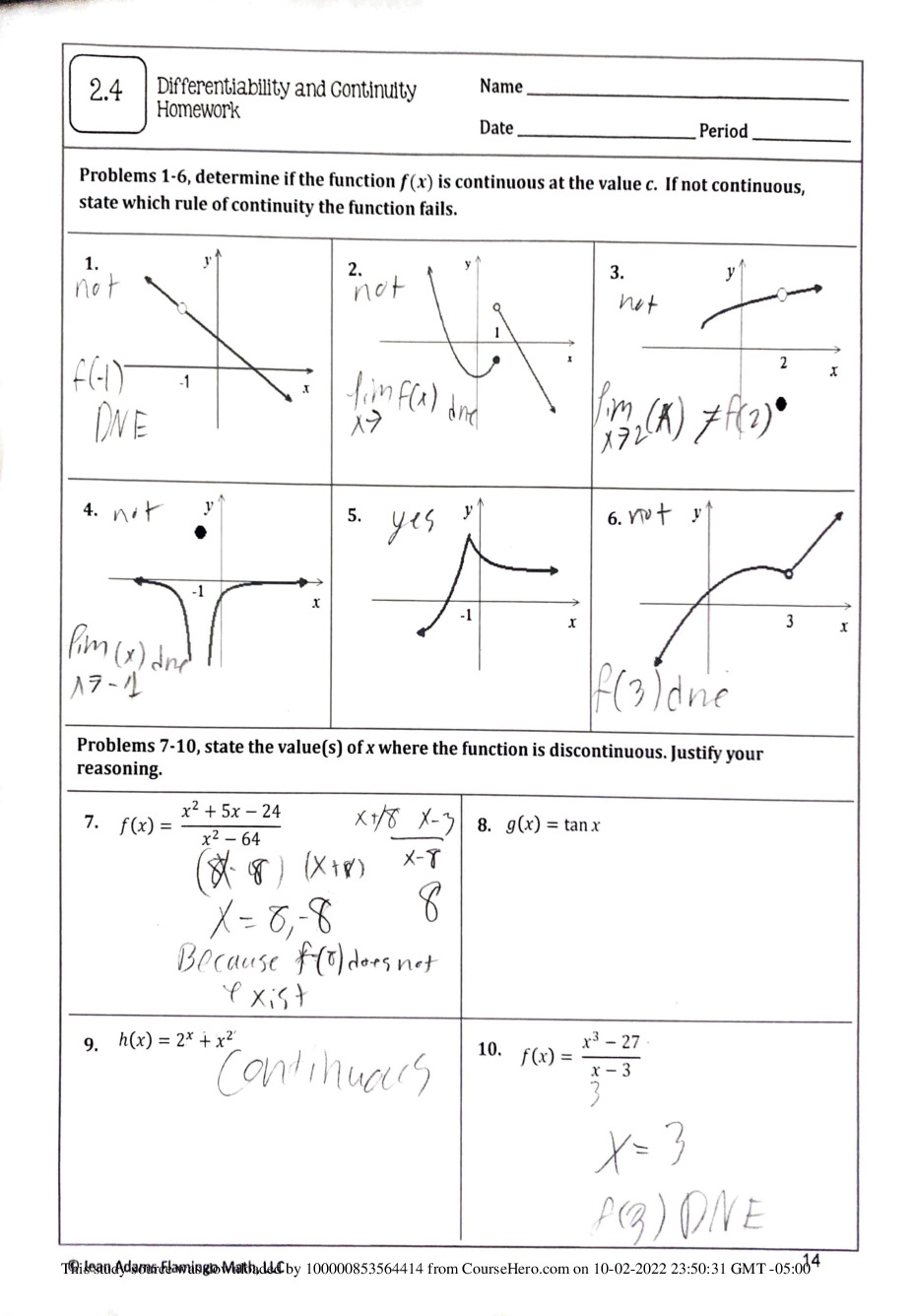 Differentiability and continuity LJ Homework Name ___________ _ Date _______ Period ...