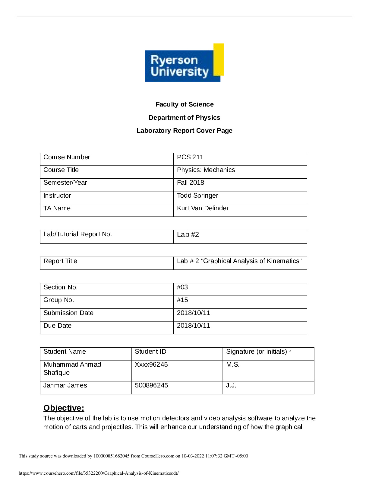 Faculty of Science Department of Physics Laboratory Report Cover Page ...