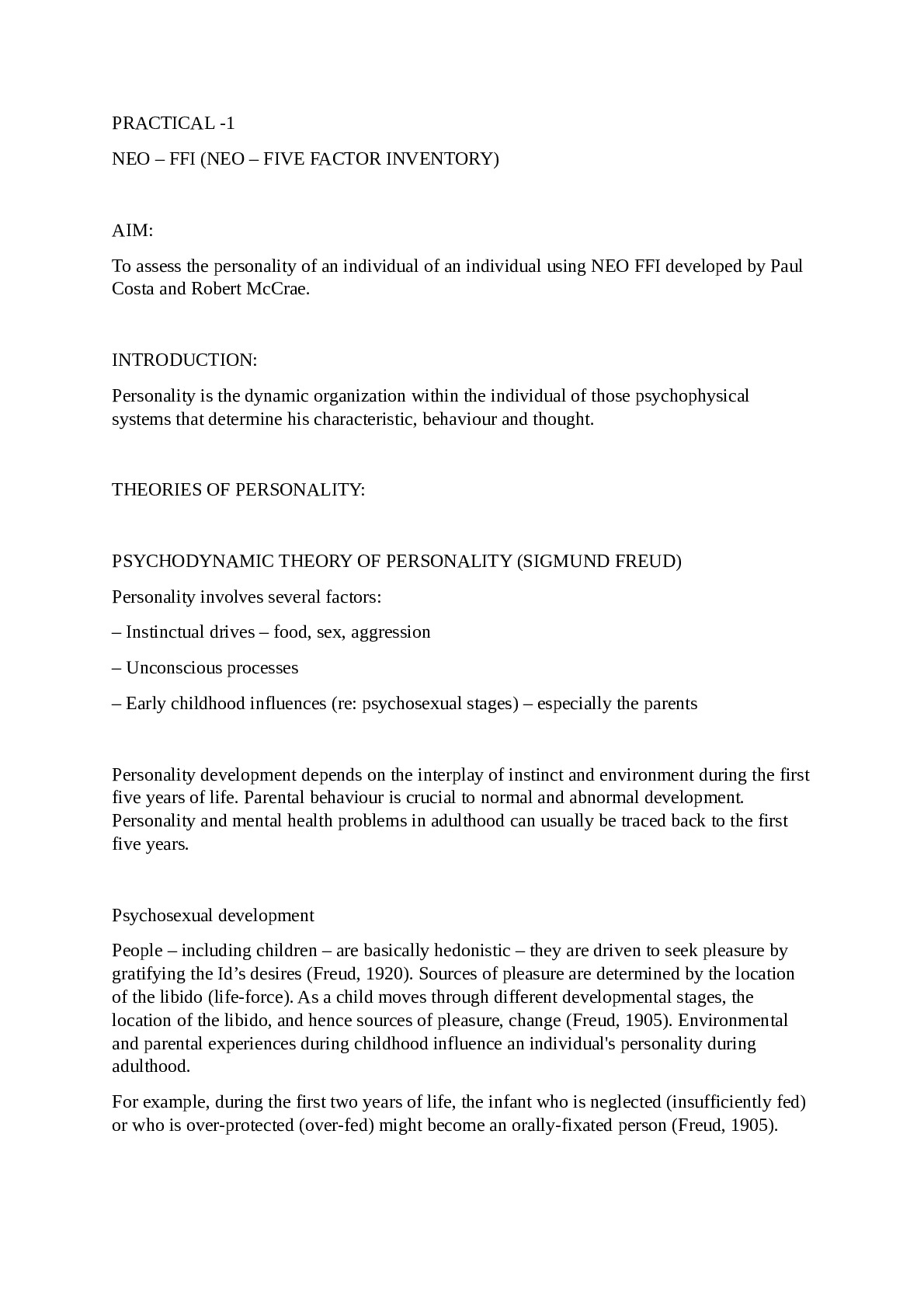 PRACTICAL -1 NEO – FFI (NEO – FIVE FACTOR INVENTORY)
