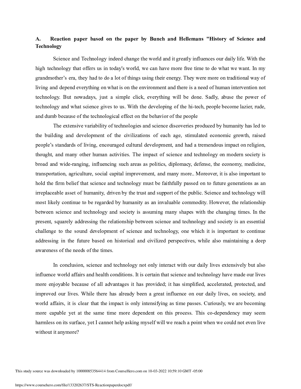 A. Reaction paper based on the paper by Bunch and Hellemans "History of ...