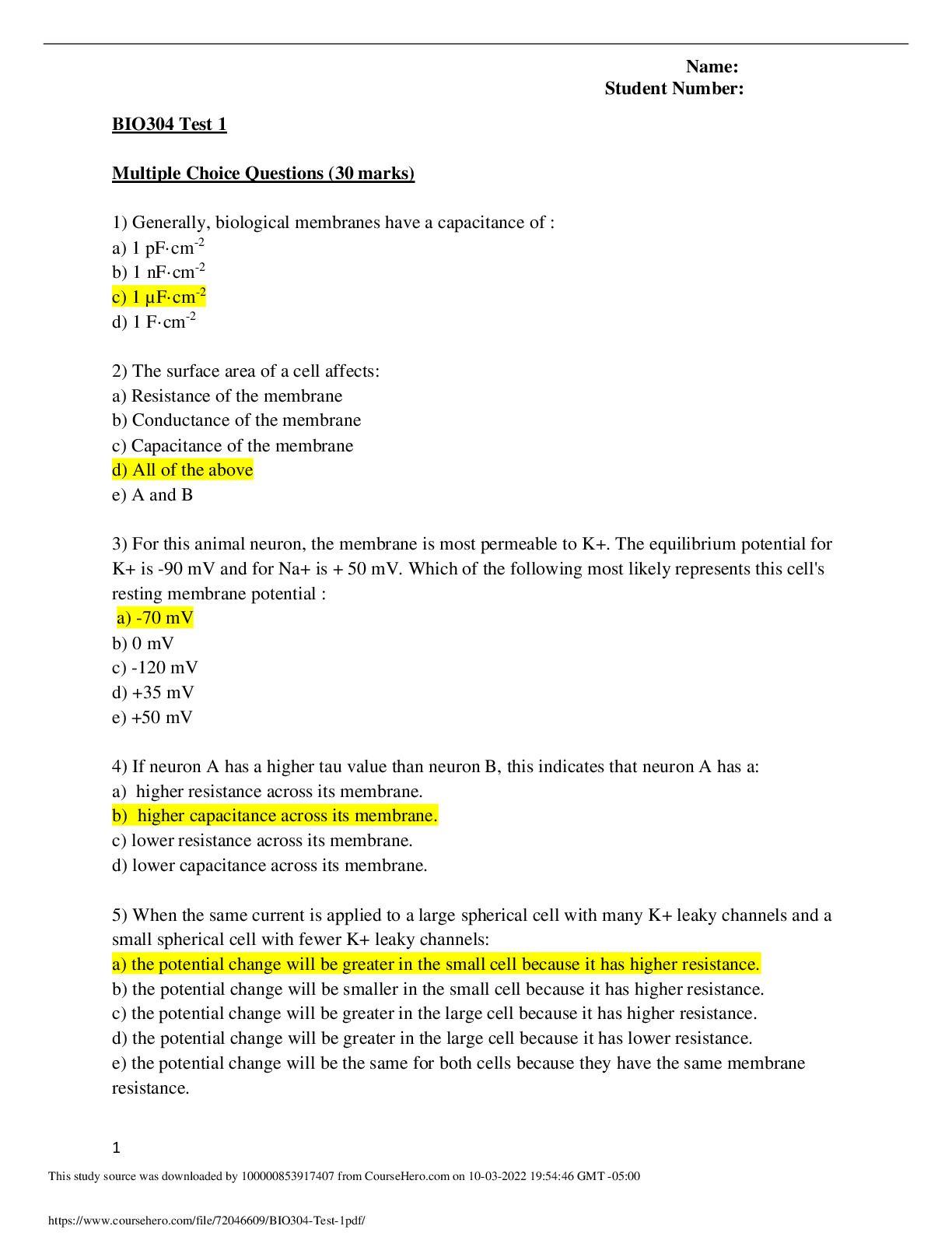 BIO 304 BIO304 Test 1 Multiple Choice Questions (30 marks)
