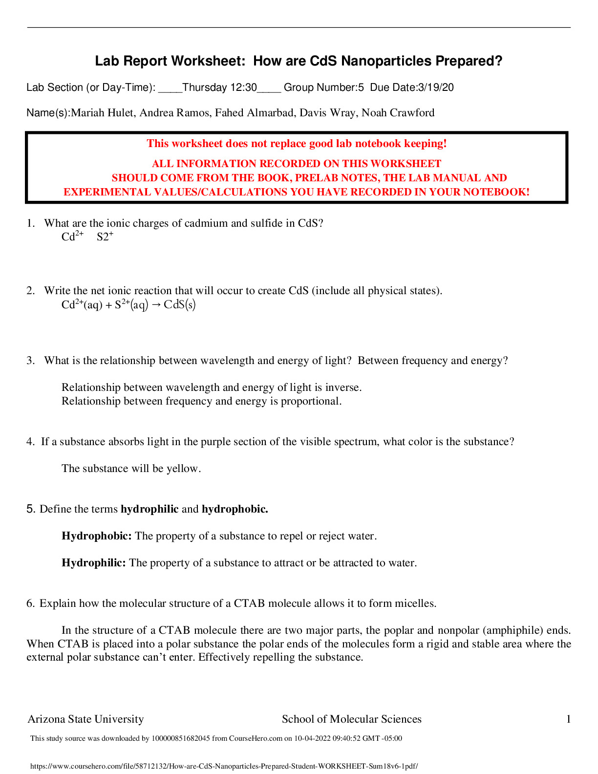CHM 114 Lab Report :How are CdS Nanoparticles Prepared Student ...
