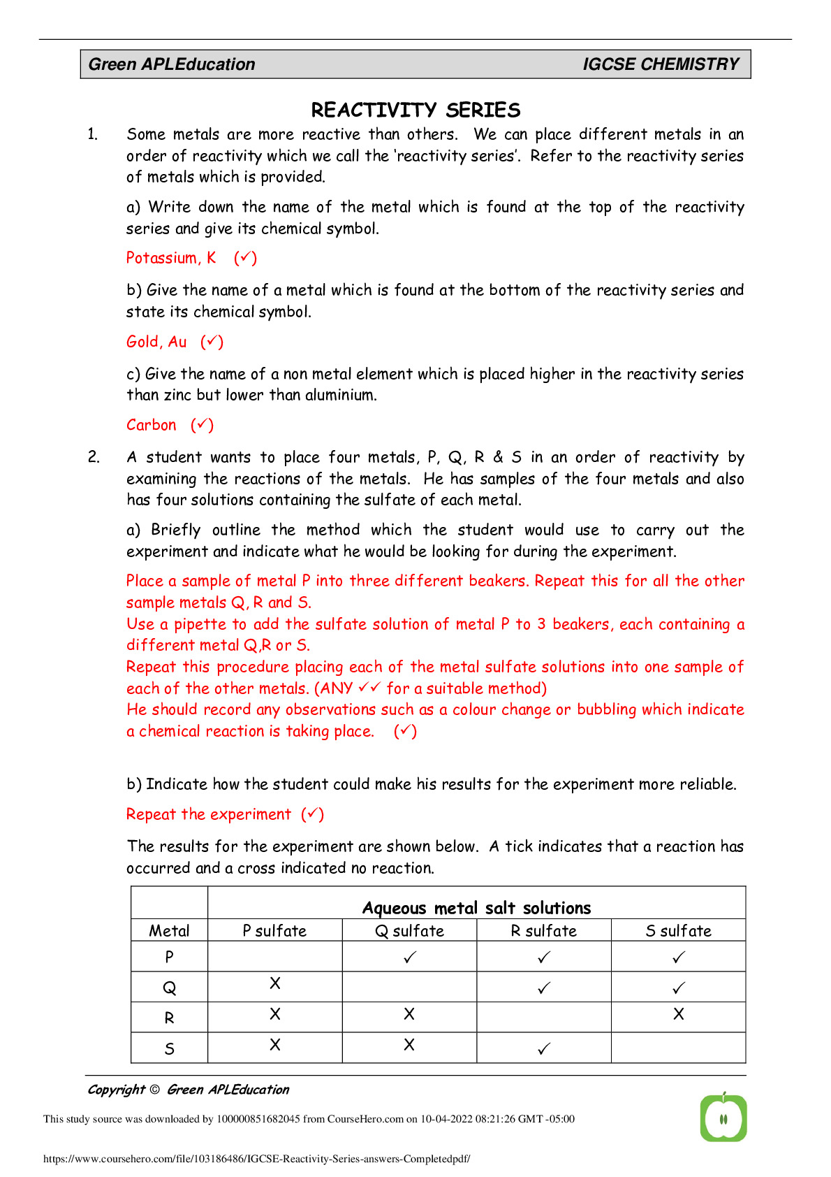 IGCSE chemistry Reactivity Series answers Completed
