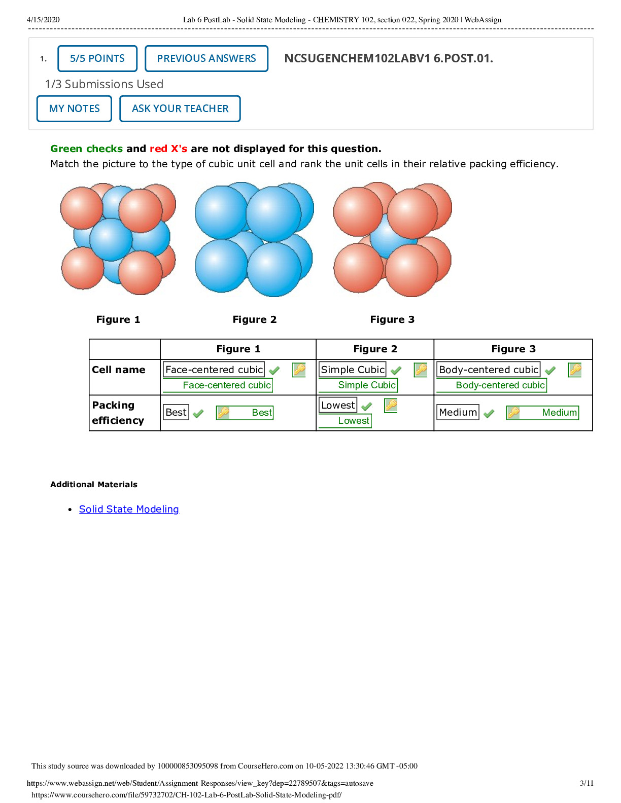 North Carolina State University CH CH102 CH 102 Lab 6 PostLab - Solid State Modeling