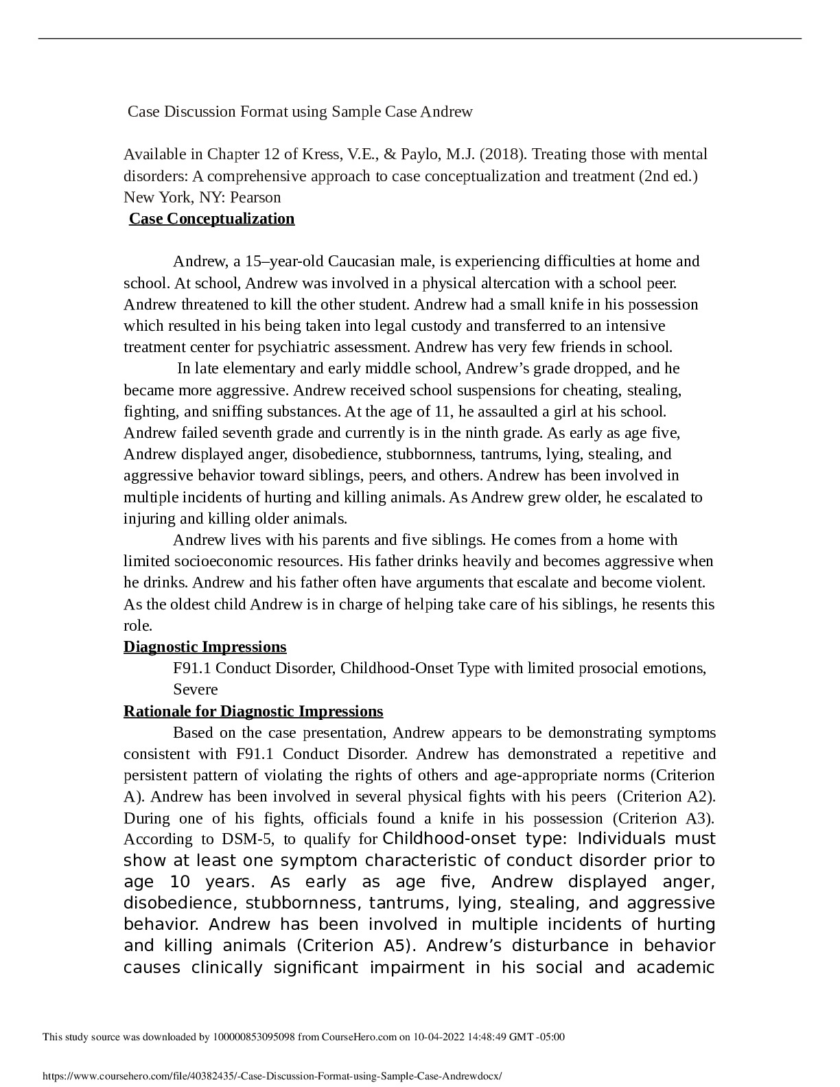 Walden University COUN 6723 Case Discussion Format using Sample Case Andrew