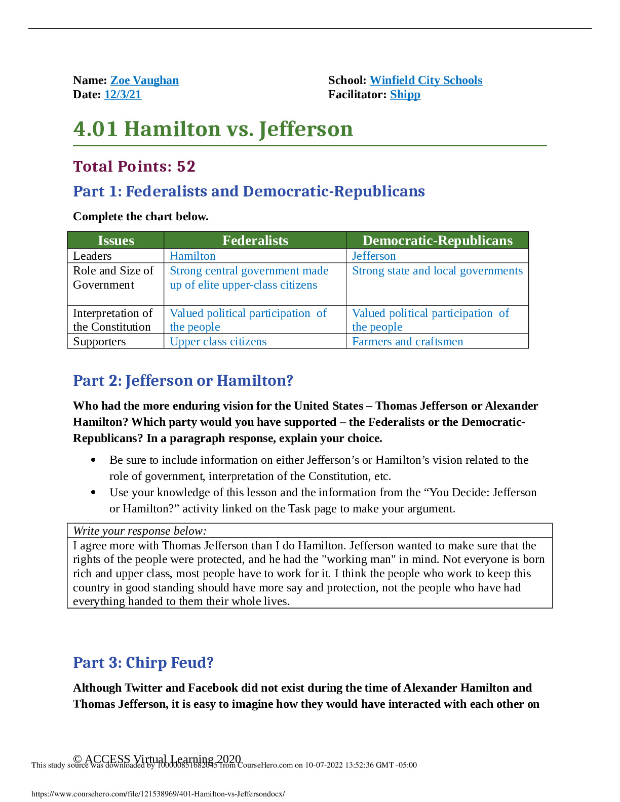BIOLOGY 101 4.01 Hamilton vs. Jefferson