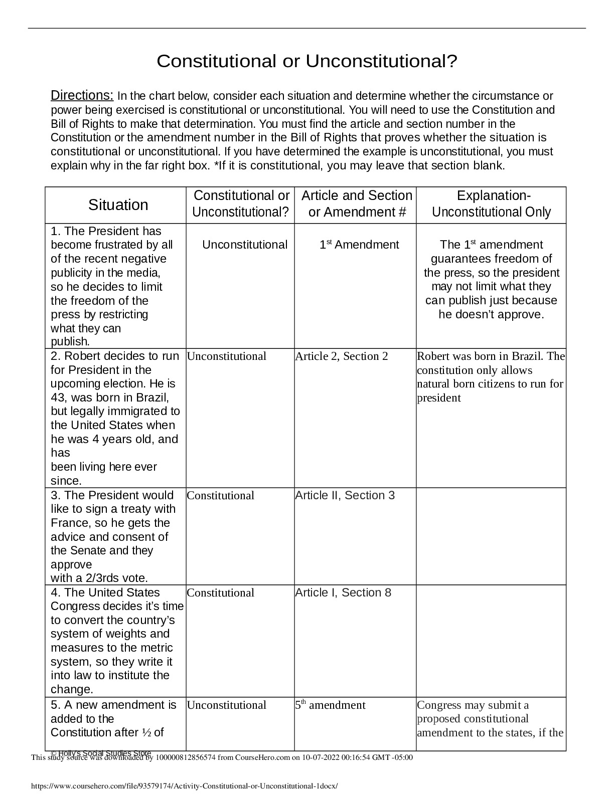Activity- Constitutional or Unconstitutional