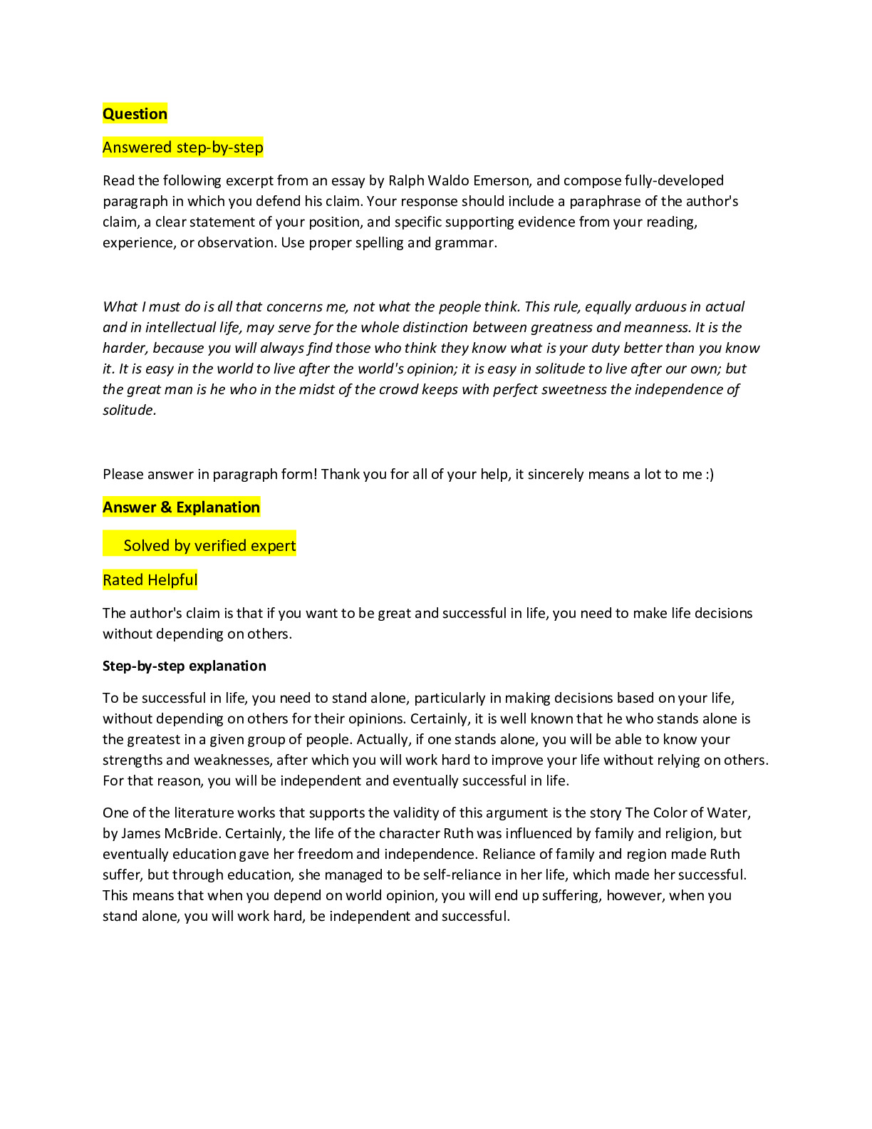 Read the following excerpt from an essay by Ralph Waldo Emerson, and ...