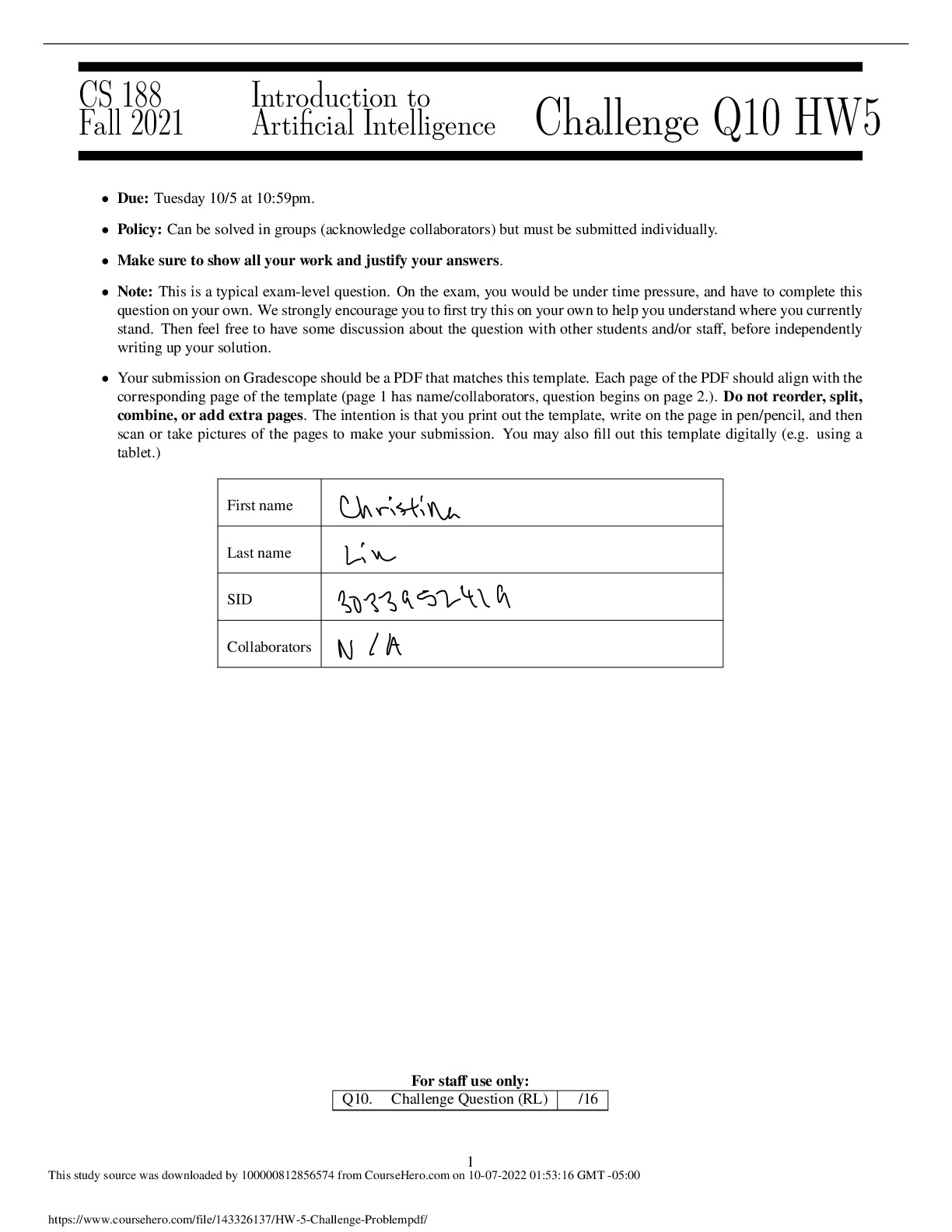 CS 188 Fall 2021 Introduction to Artificial Intelligence Challenge Q10 HW5