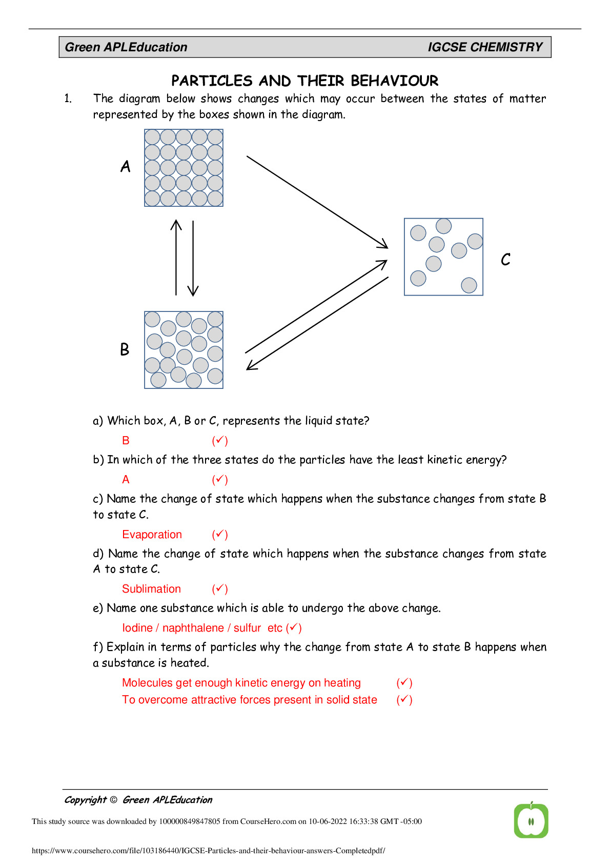 Green APLEducation IGCSE CHEMISTRY. IGCSE Particles and their behaviour answers Completed
