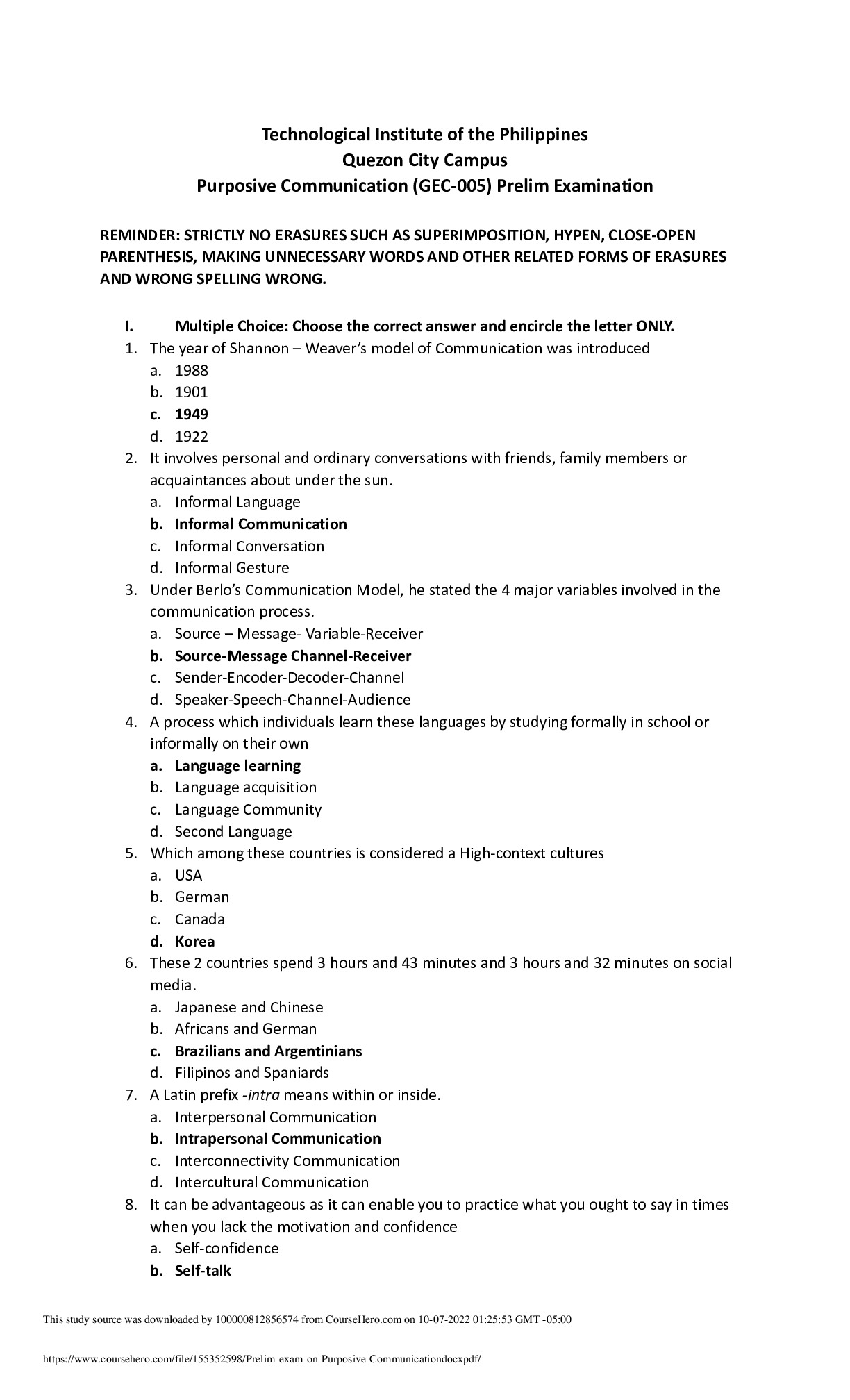 Technological Institute of the Philippines Quezon City Campus Purposive Communication (GEC-005 ...