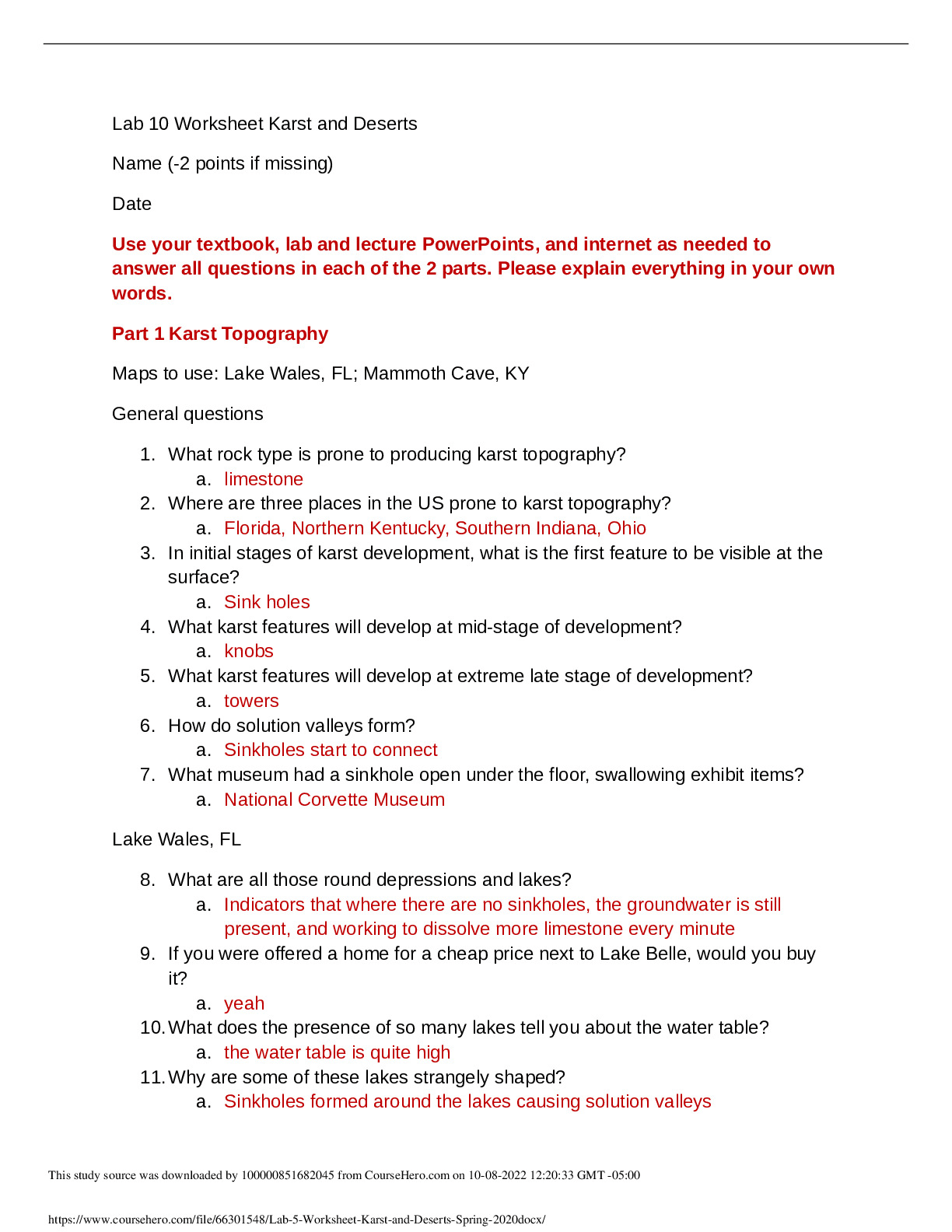 GEOL 1103 Lab 5 Worksheet Karst and Deserts Spring 2020.