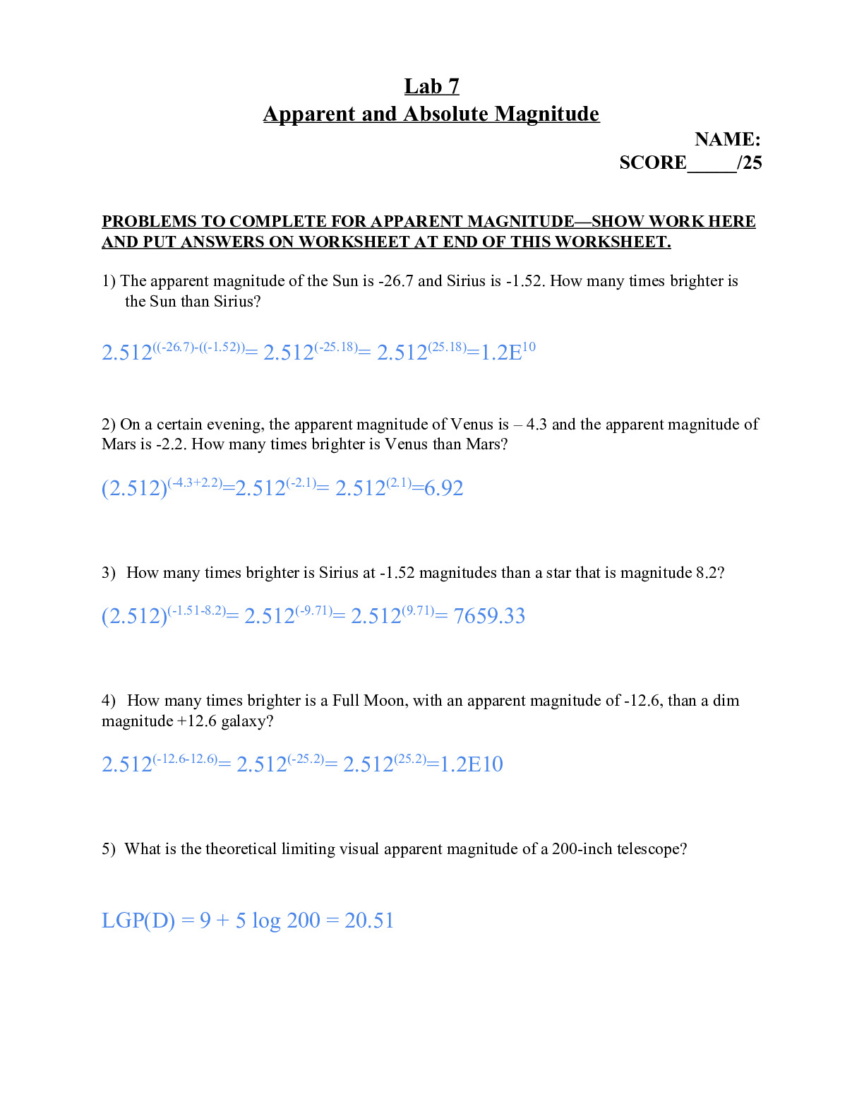Lab 7Apparent and Absolute Magnitude report