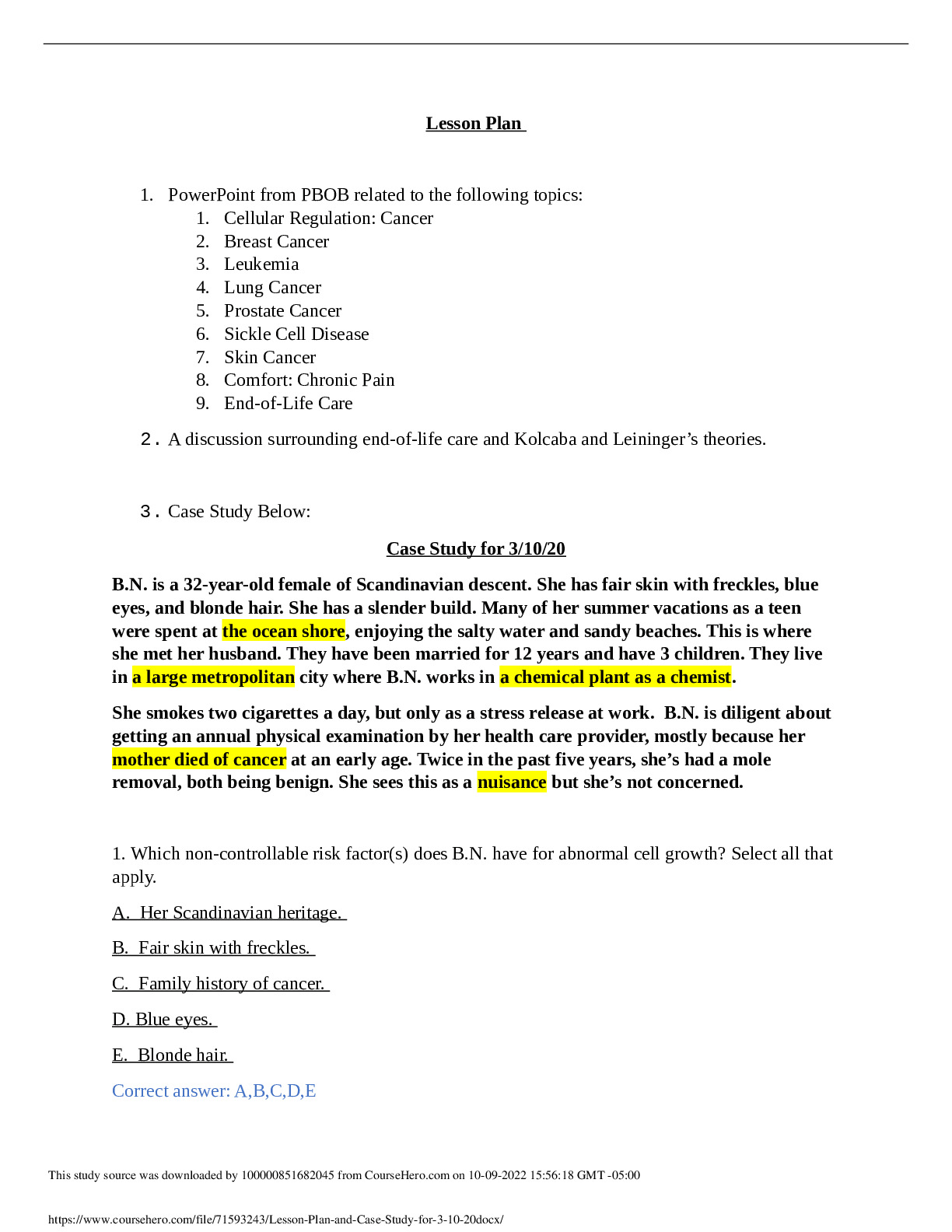 NURSING 211 Lesson Plan and Case Study for 3-10-20