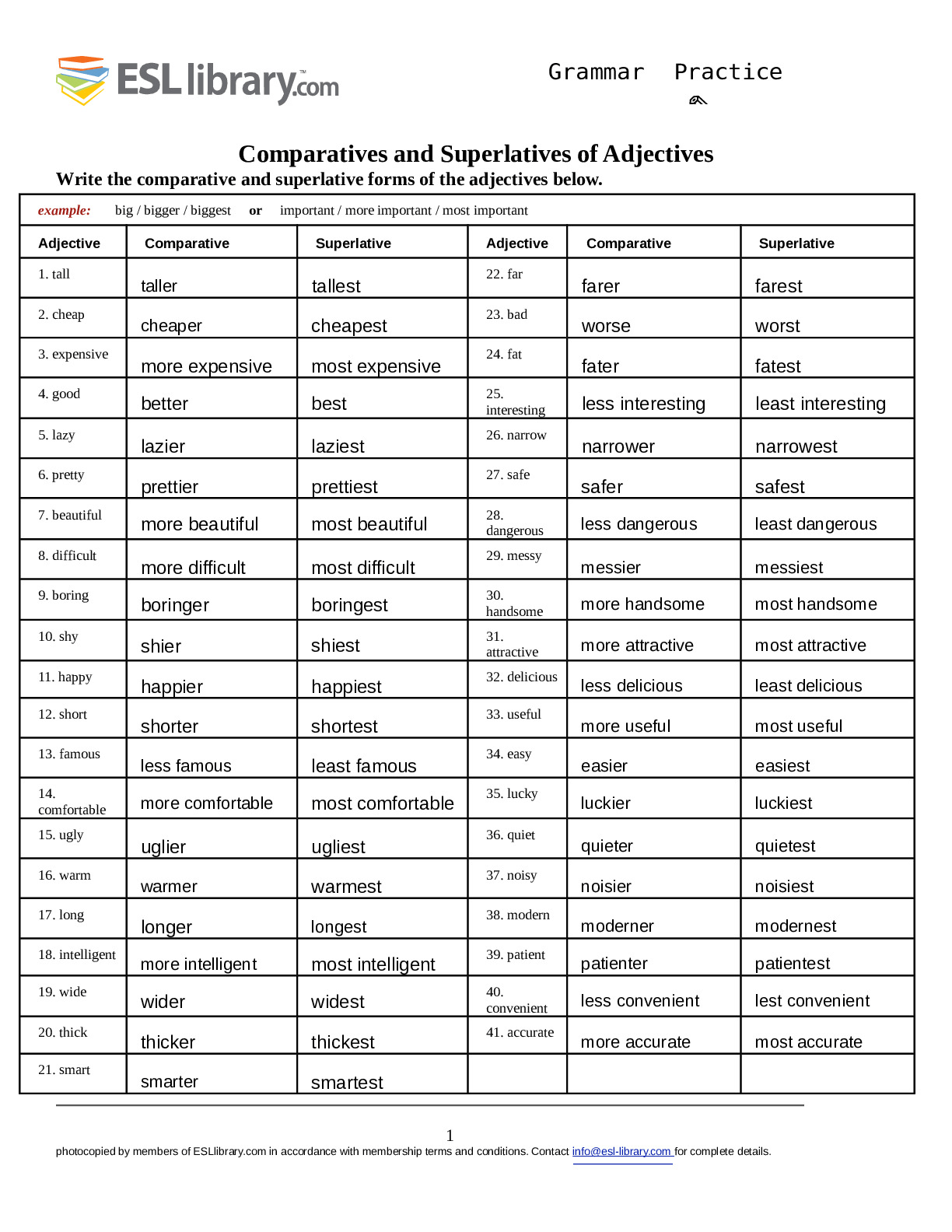 ENGL 30100 Comparatives and Superlatives of Adjectives Write the ...